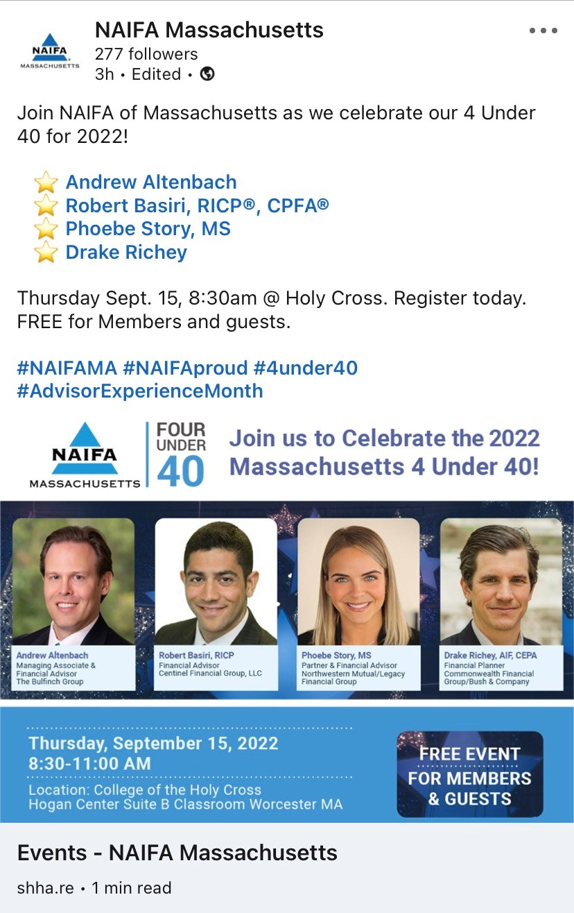 Spotted: NAIFA-Massachusetts Celebrates Four Under 40 Winners