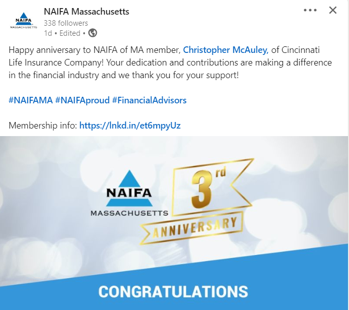 Spotted: NAIFA-Massachusetts Celebrates Member Anniversary